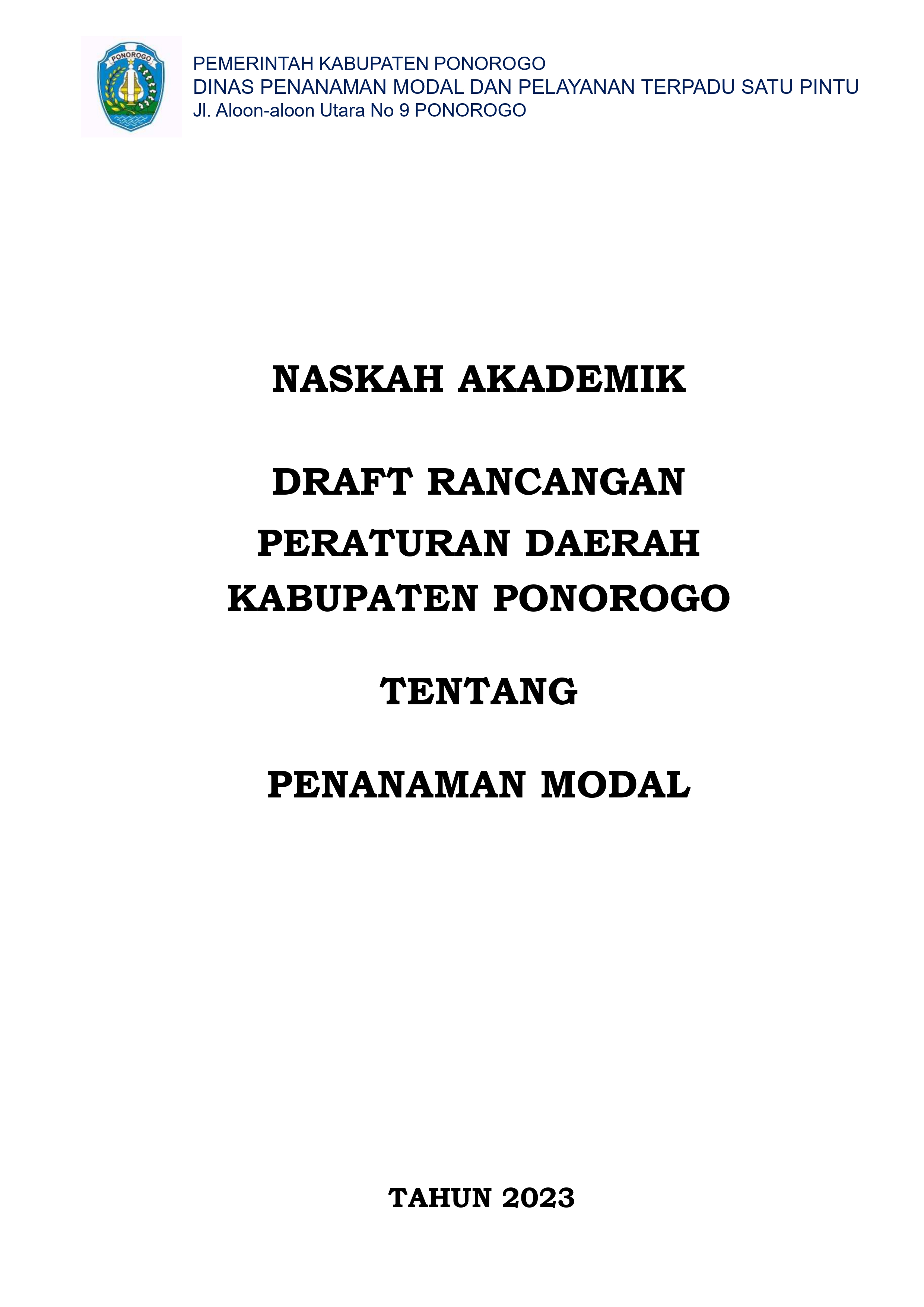 Naskah Akademik Raperda Penanaman Modal - JDIH DPRD Kab. Ponorogo